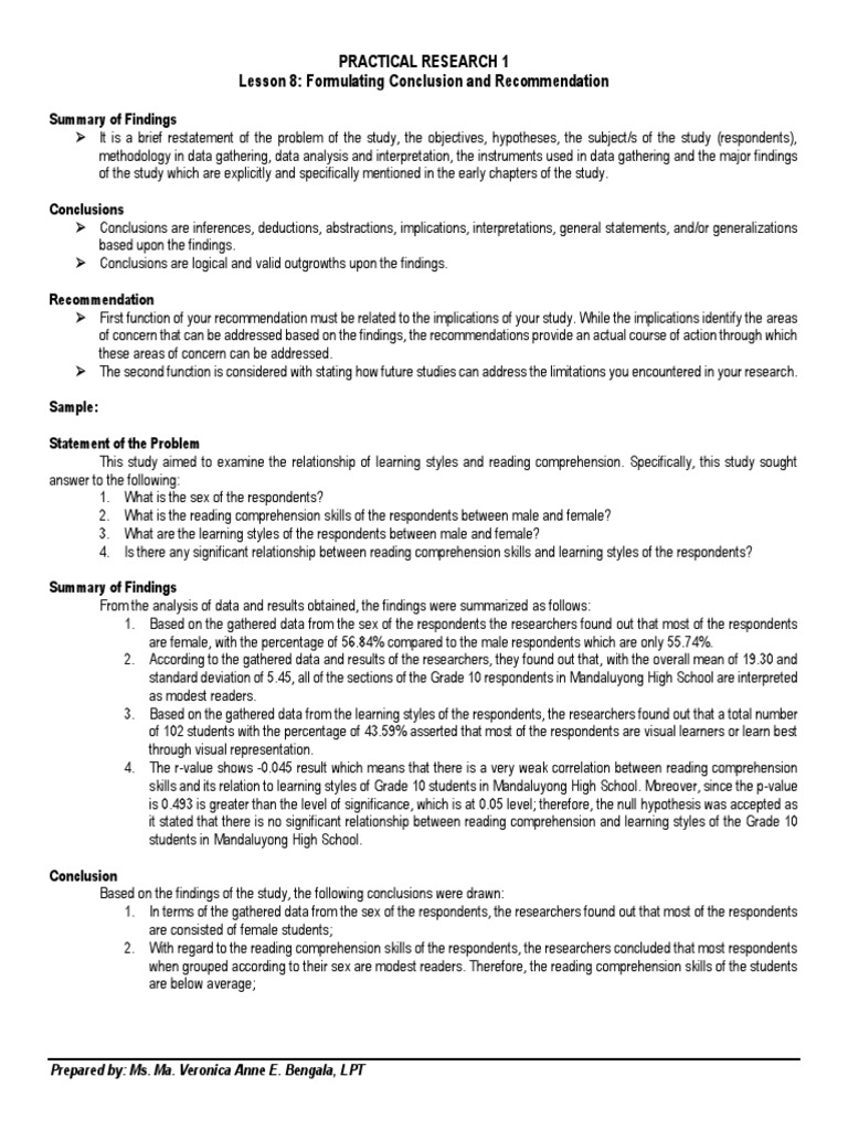 PR1 - Lesson 8 - Formulating Conclusion and Recommendation | PDF ...