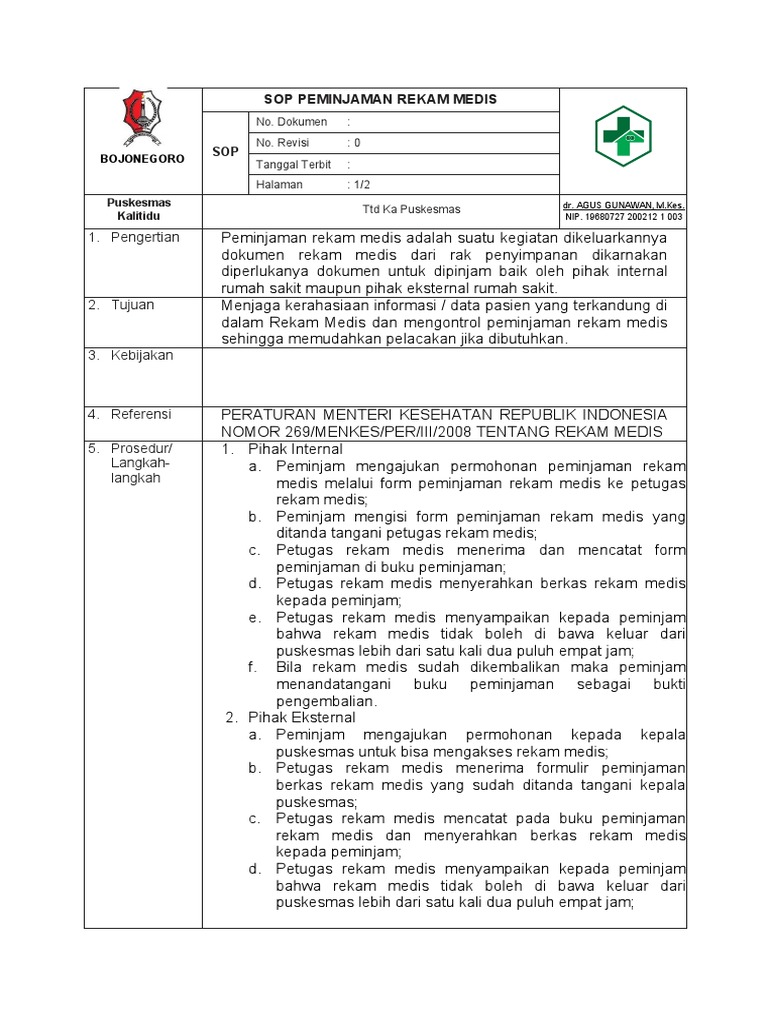 Sop Peminjaman Rekam Medis | PDF