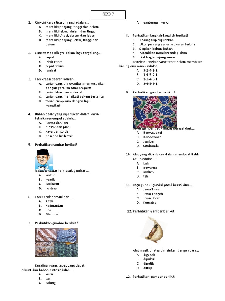 LATIHAN SOAL SBDP Kelas 6 Dan Kunci Jawabannya | PDF