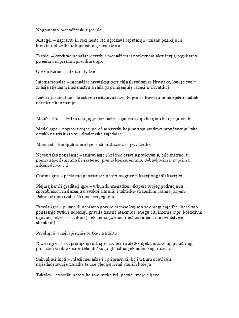 Nogometno Menadzerski Rjecnik | PDF