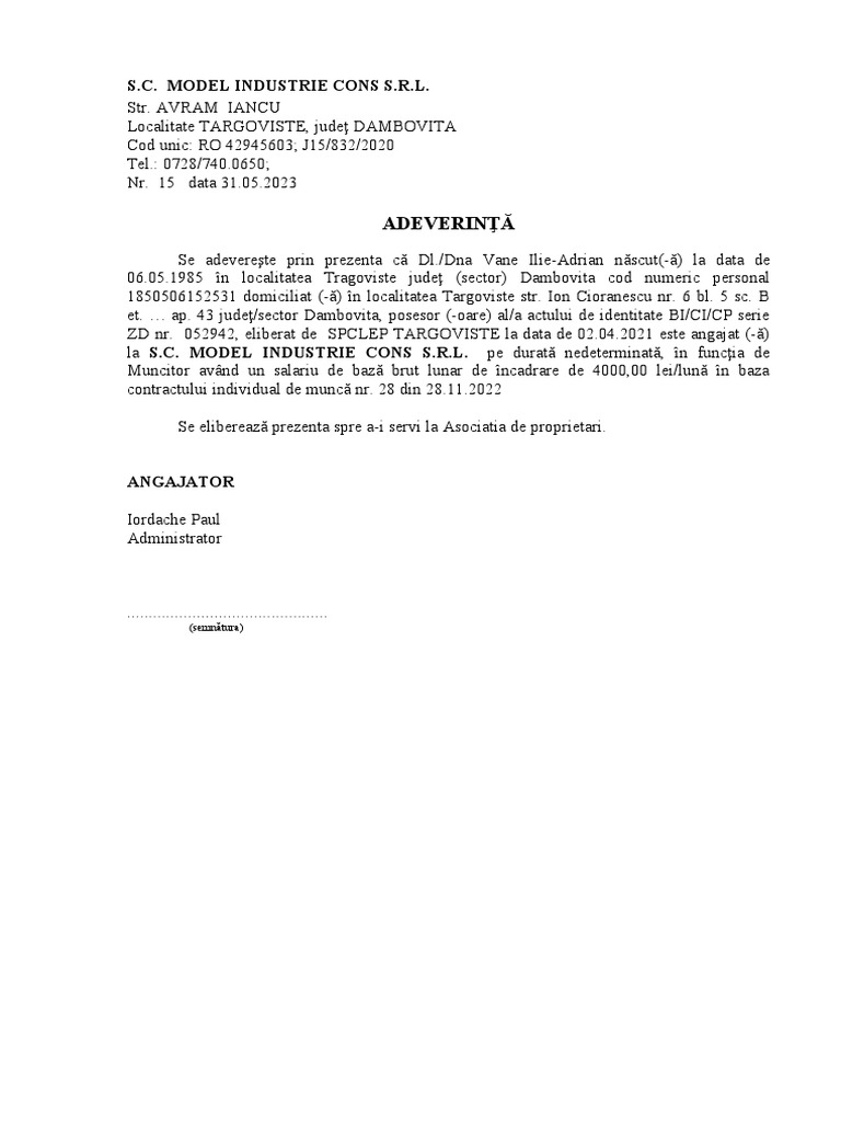 Adeverinta Salariat | PDF