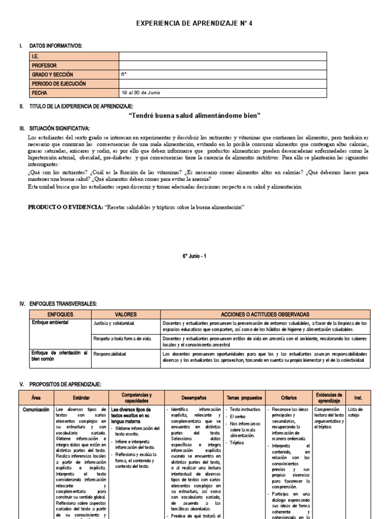 6° Grado - Experiencia de Aprendizaje N°04 | PDF | Alimentos | Moralidad