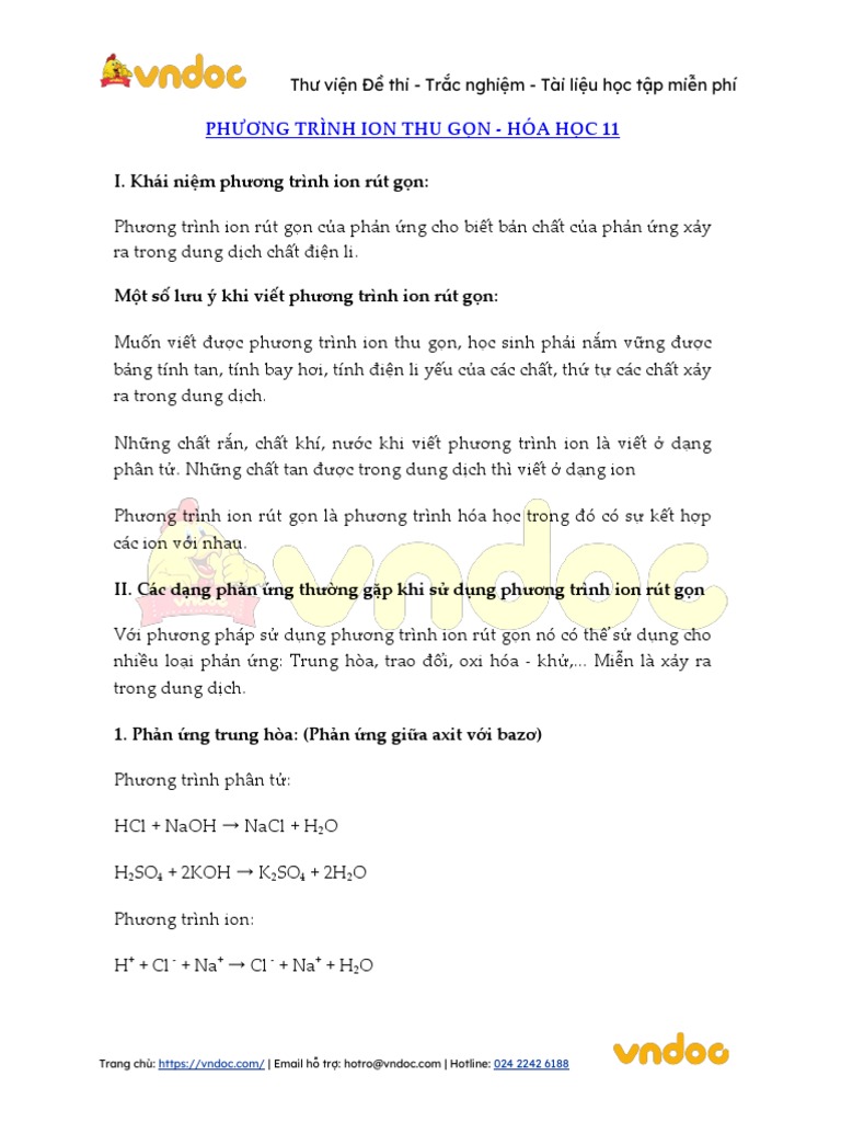 Phuong Trinh Ion Rut Gon Va Cac Bai Toan Lien Quan Hoa Hoc 11 | PDF