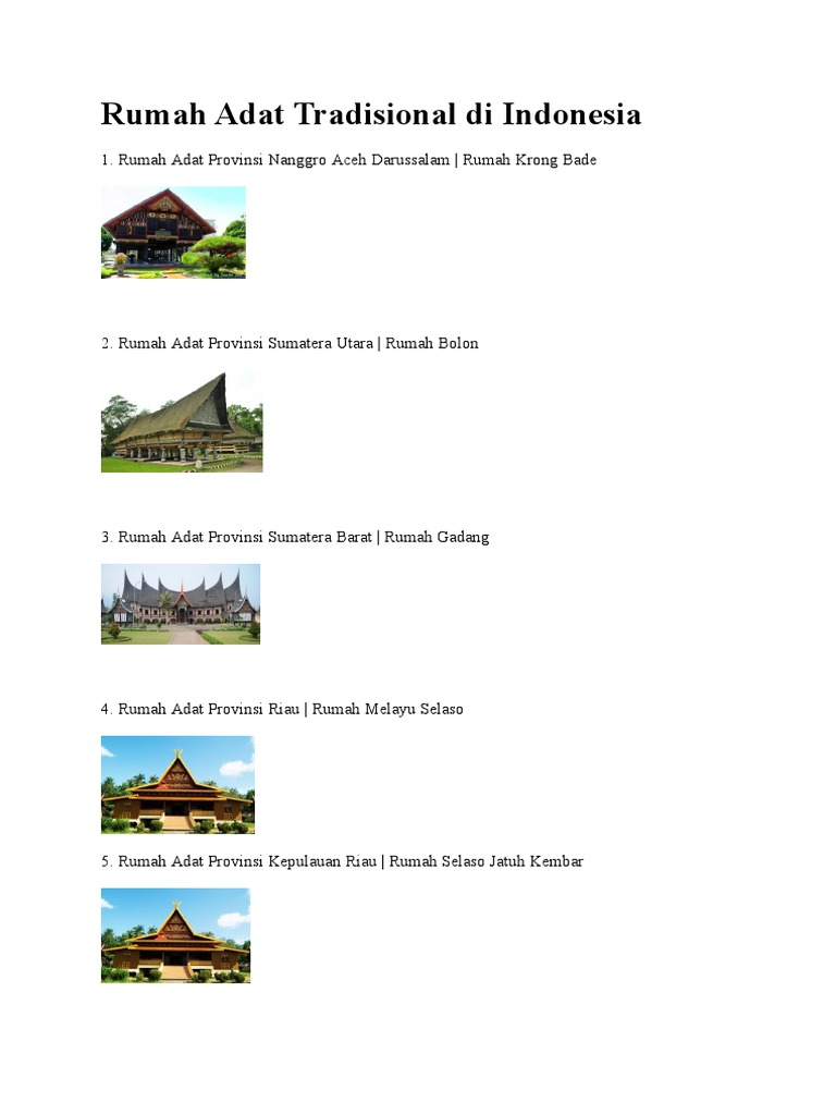 20 Rumah Adat Tradisional Indonesia | PDF | Memasak, Makanan, & Anggur