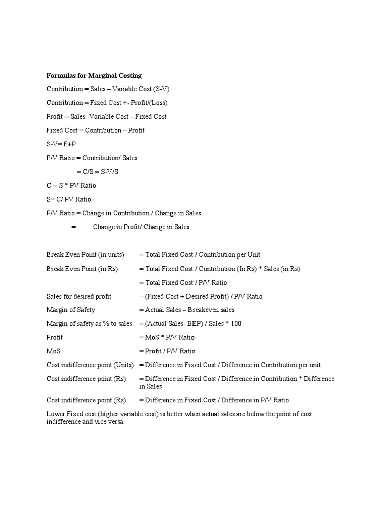 Key Formulas for Marginal Costing | PDF