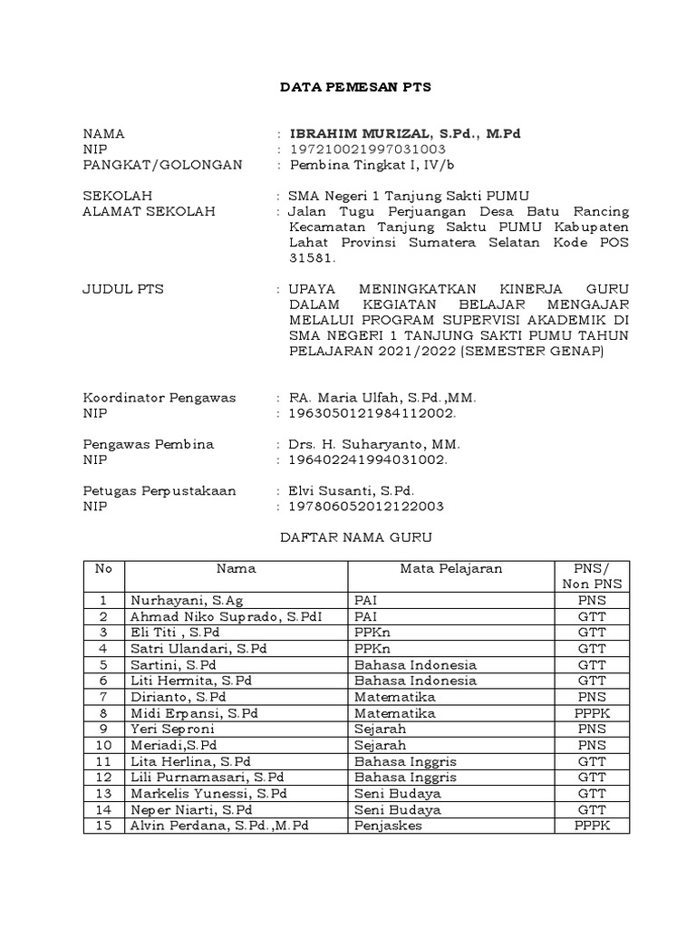 Form Data Pemesanan PTS | PDF