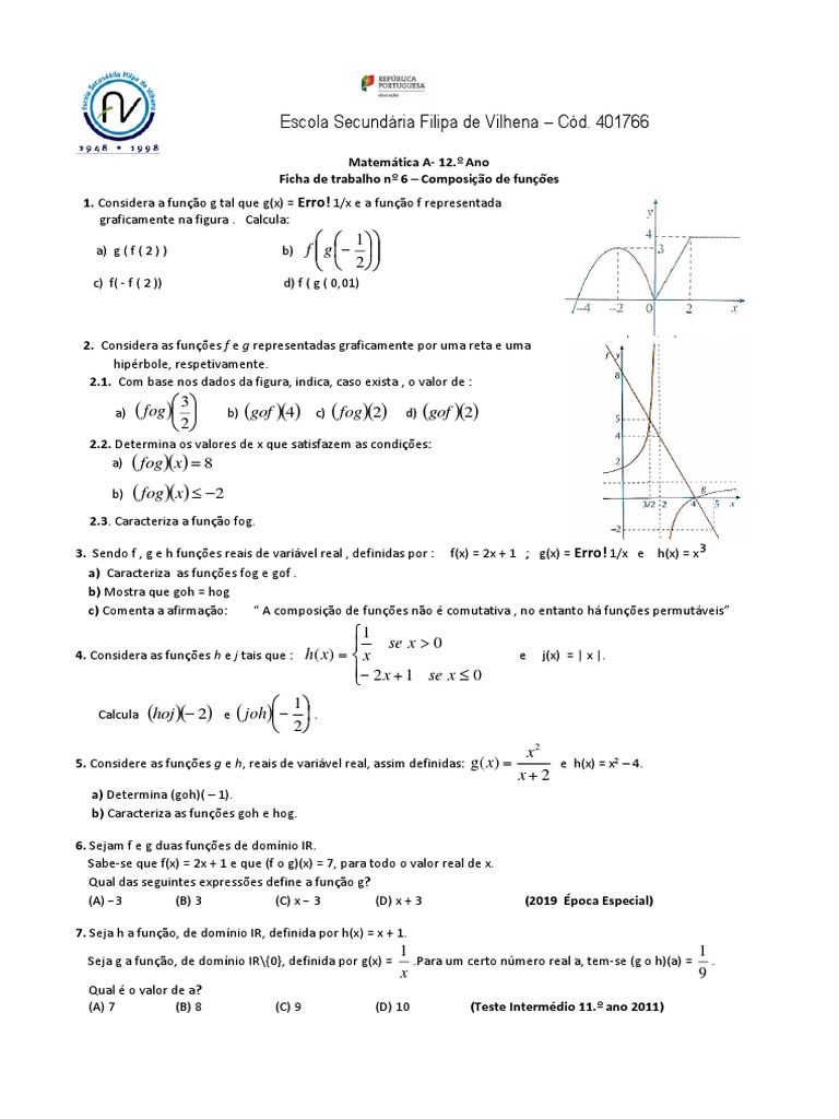 Composição de Funções: Exercícios e Soluções | PDF | Função (Matemática ...