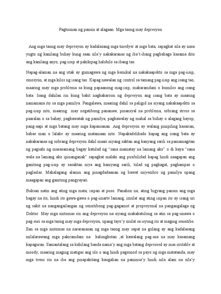 Ebalwasyon1.3: Pagtuunan NG Pansin at Alagaan: Mga Taong May Depresyon ...