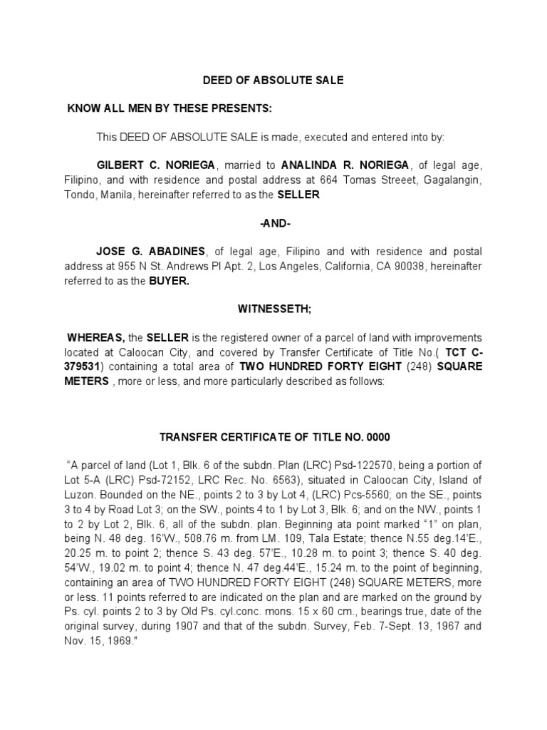 Deed of Absolute Sale of Registered Land | PDF