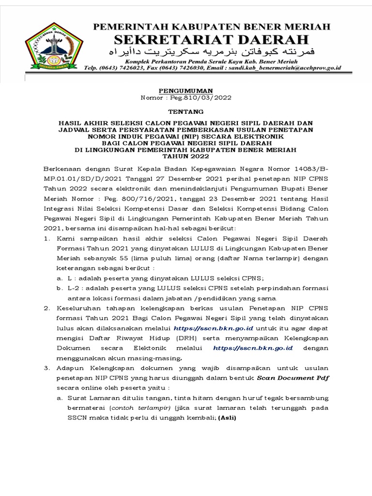 PENGUMUMAN Hasil Akhir Dan PEMBERKASAN NIP 2021 | PDF | Pengelolaan ...