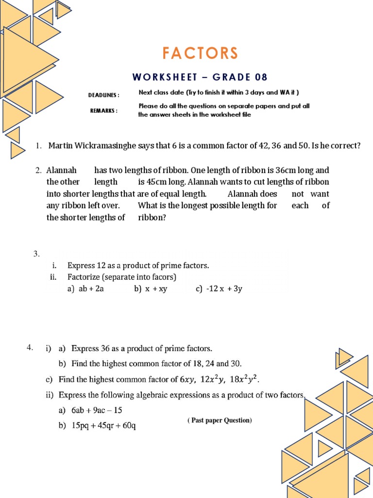 Grade 8 Factors Worksheet | PDF | Teaching Methods & Materials | Home ...