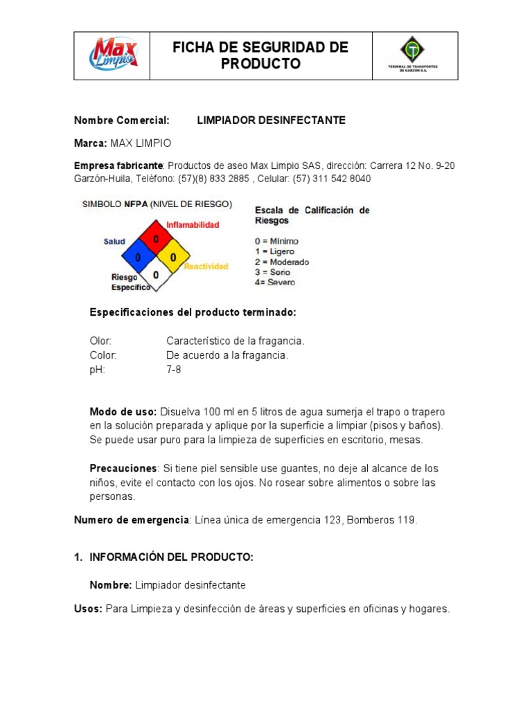 FICHA DE SEGURIDAD DE PRODUCTO Limpiador Desinfectante | PDF