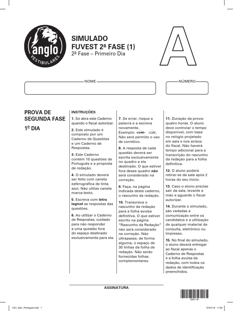 Anglo Fuvest Ciclo1 Prova Dia1 2019 | PDF