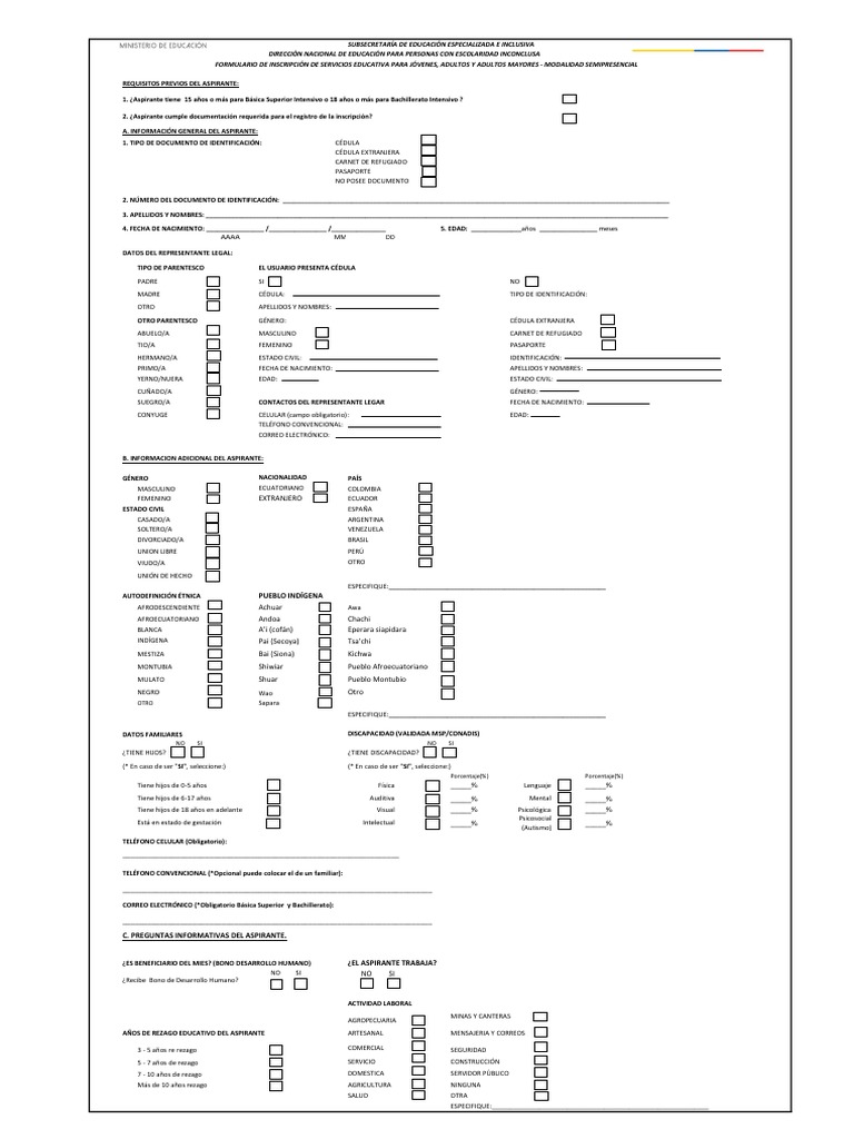Anexo 1. Formulario e Inscripción de Los Servicios Educativos para Jóvenes y Adultos Mayores ...