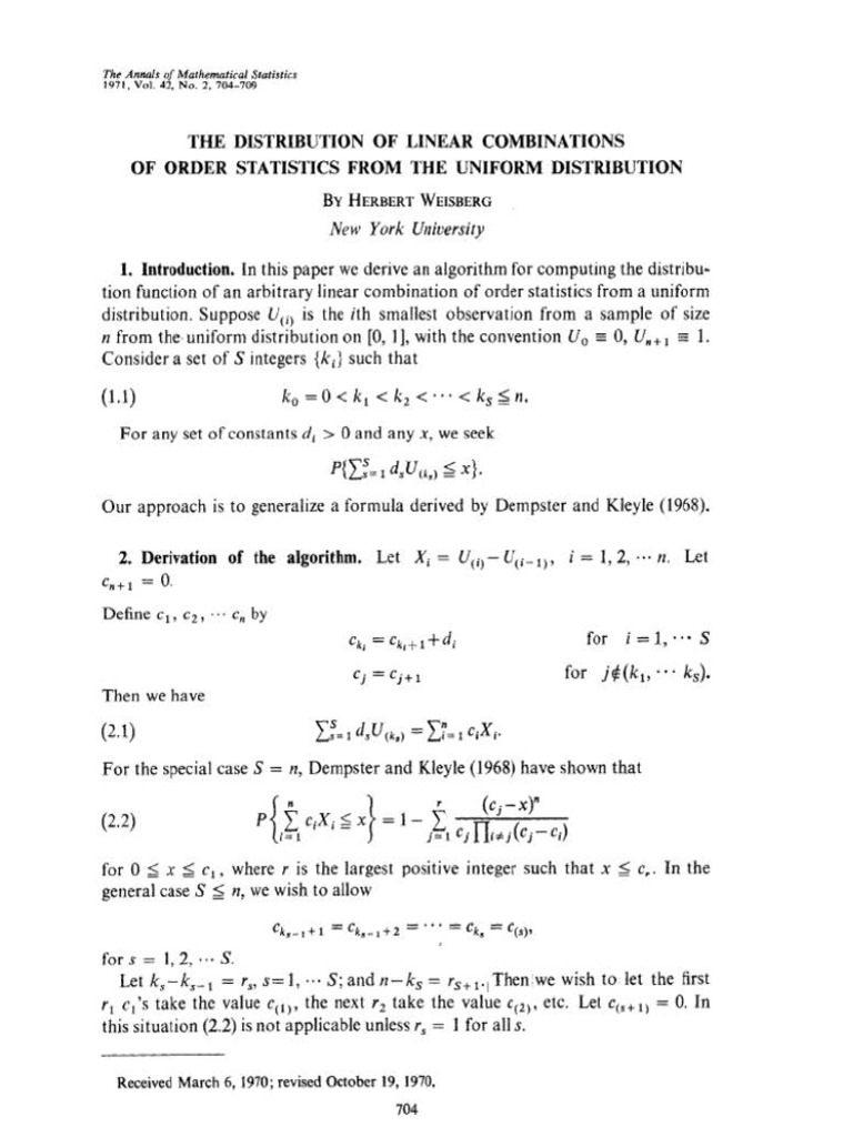 The Distribution Of Linear Combinations Of Order Statistics From The Uniform Distribution Pdf