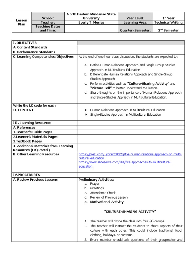 Human Relations Approach and Single-Studies Approach Semi-Detailed Lesson Plan | PDF