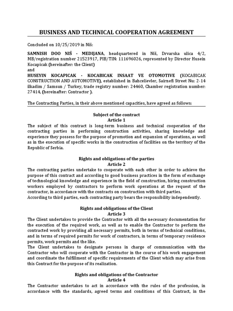 Business and Technical Cooperation Agreement | PDF