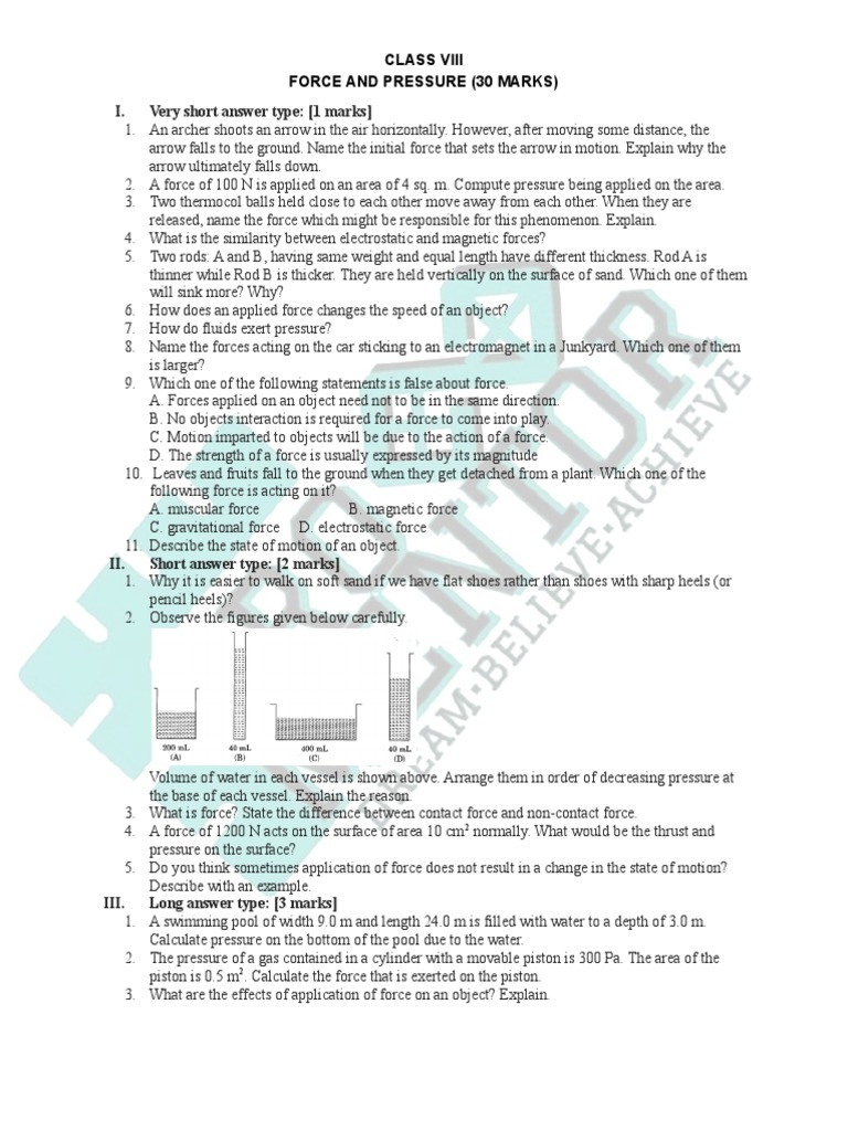 Class 8 Force and Pressure (30 Marks) | PDF | Force | Pressure