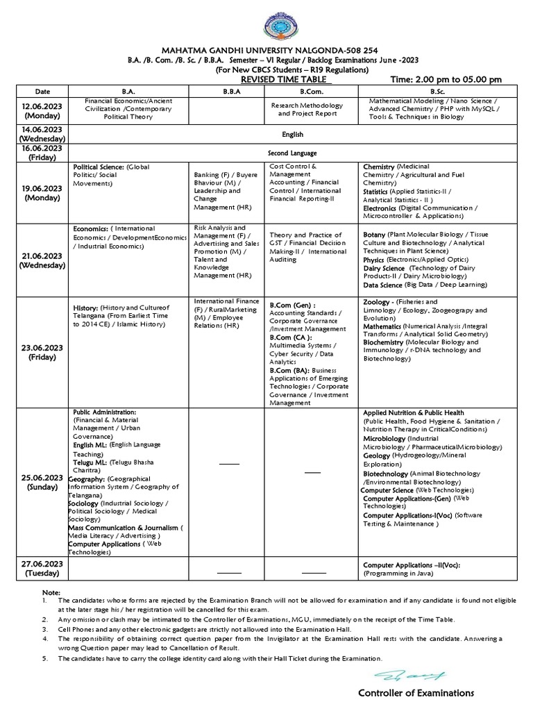 UG Semesters VI Regular & Backlog Time-Table June-2023 | PDF | Biotechnology | Science