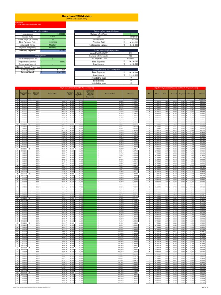 Home Loan Prepayment Calculator Excel | PDF | Interest | Mortgage Loan