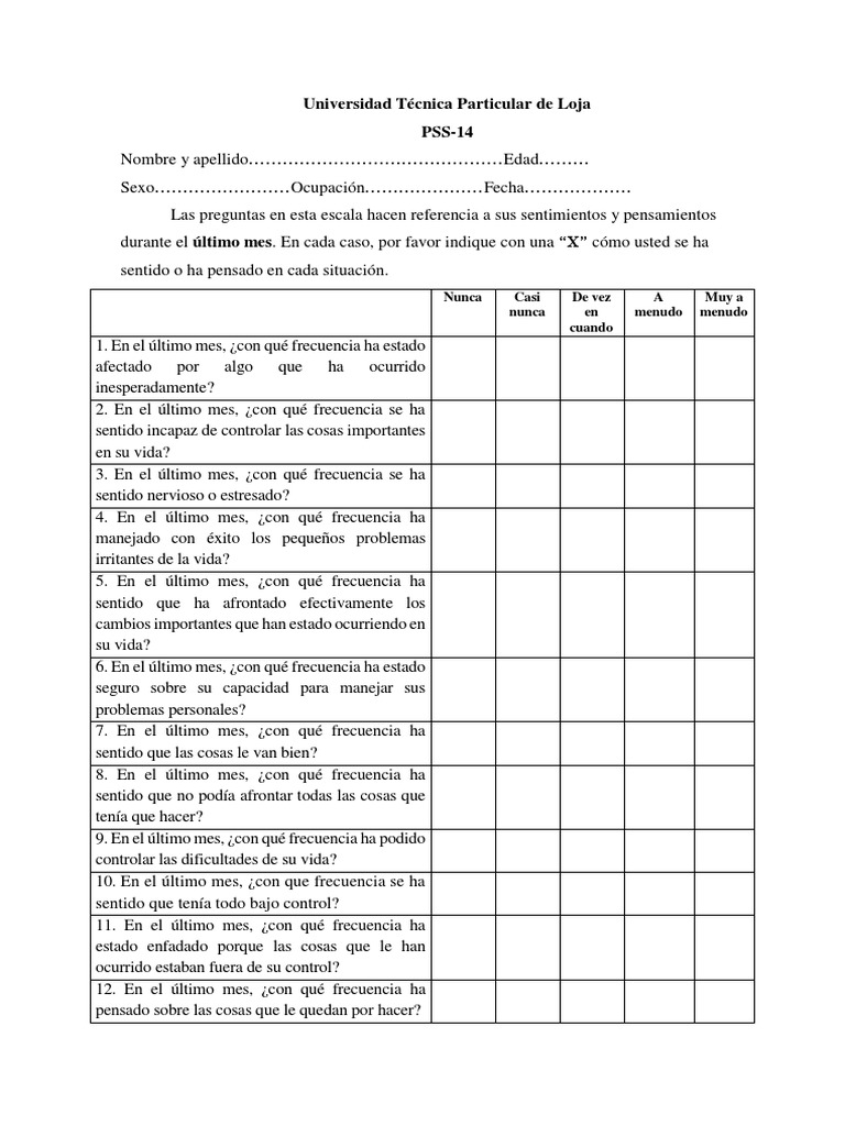 Escala de Estr S Percibido PSS 14 | PDF