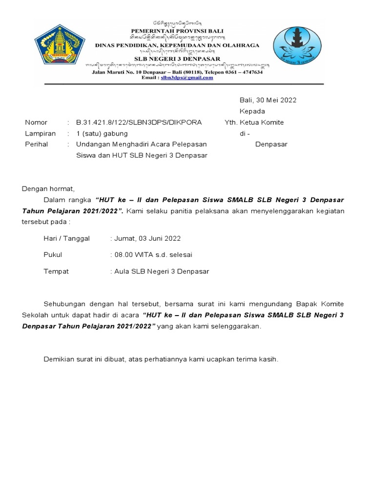 Surat Undangan Kegiatan Perpisahan Sekolah | PDF