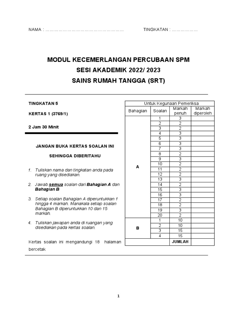 Jerantut Soalan Percubaan SPM SRT 2022 | PDF