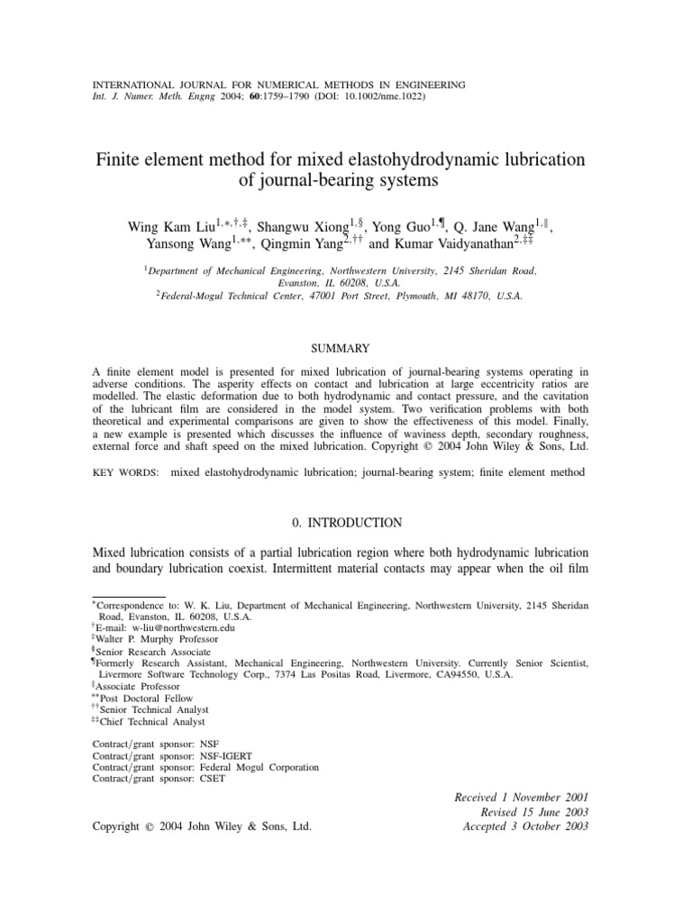 Numerical Meth Engineering 2004 Liu Finite Element Method For Mixed Elastohydrodynamic ...