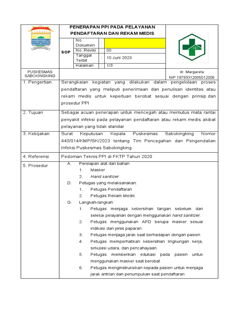 SOP Penerapan PPI Di Ruang Pendaftaran Dan Rekam Medis | PDF