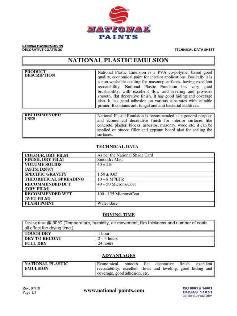 National Plastic Emulsion TDS | PDF | Physical Sciences | Chemical ...