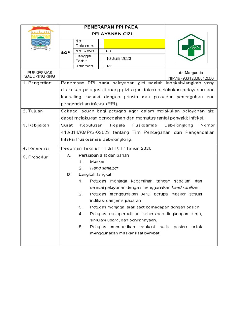 SOP Penerapan PPI Di Ruang Gizi | PDF