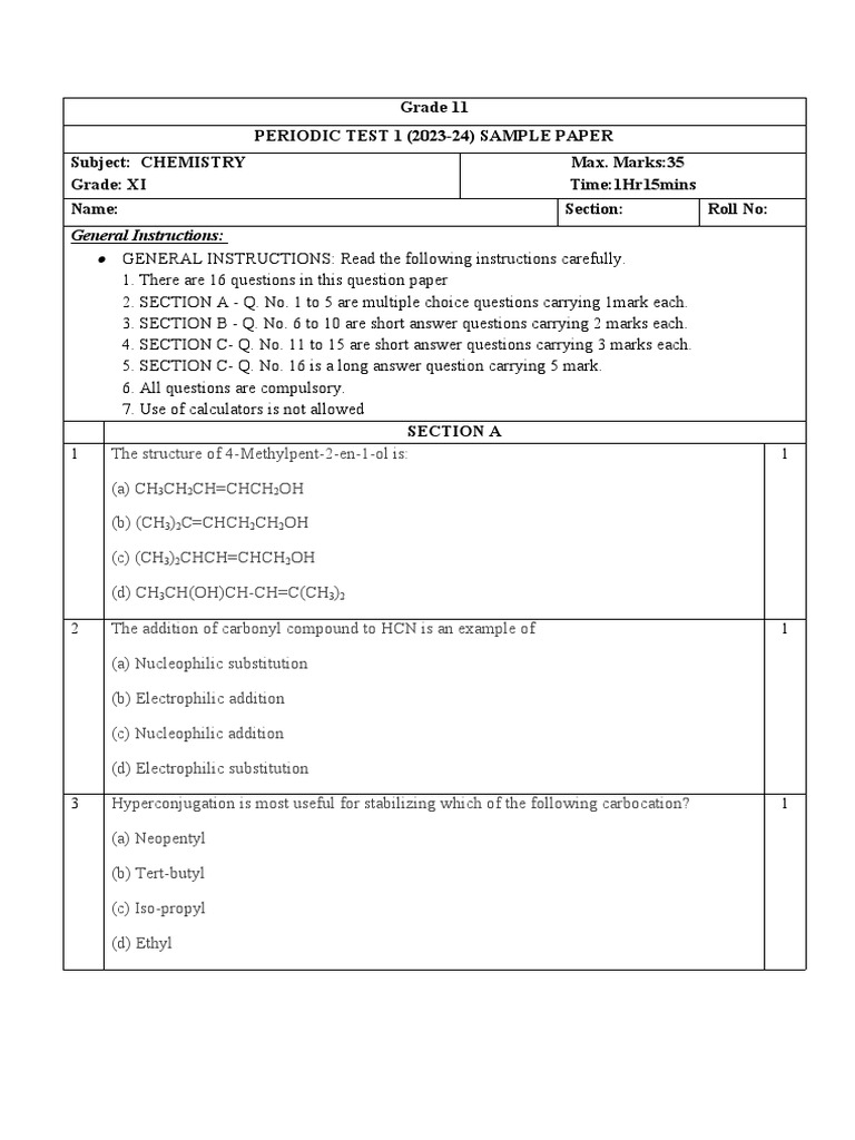 Sample Paper Gr11 | PDF | Methyl Group | Physical Chemistry
