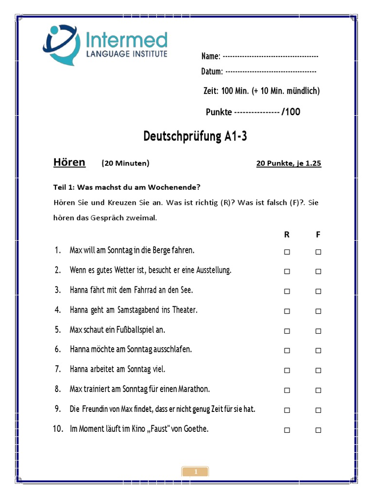 A1-3 Prüfung - 220729 - 211729 | PDF