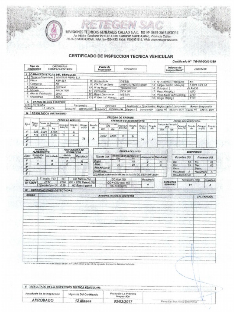 Certificado de Inspeccion Tecnica | PDF