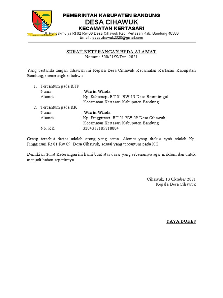 Surat Keterangan Beda Alamat | PDF