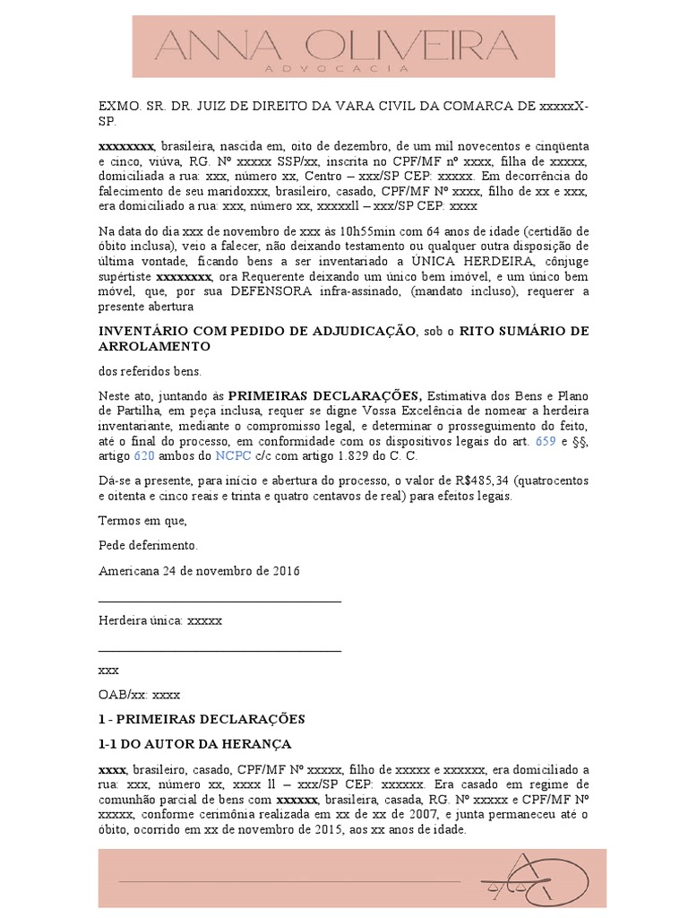 Modelo Inventario Com Pedido de Adjudicacao Sob o Rito Sumaro de ...