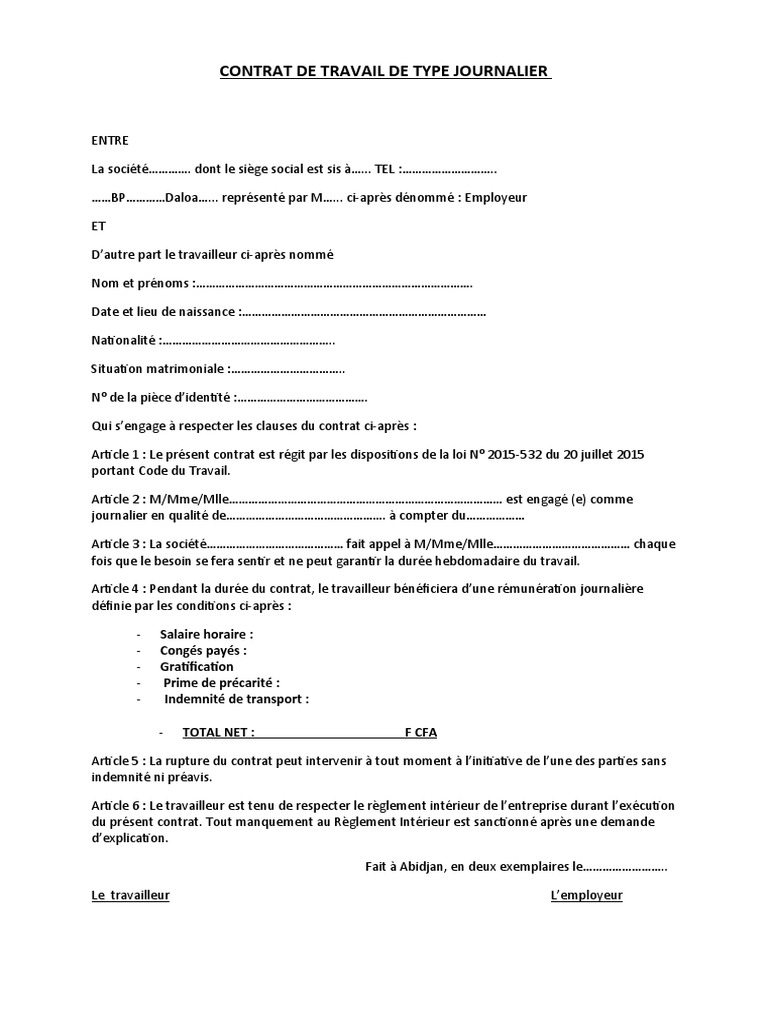 5.3.1 Exemplaire de Contrat Journalier | PDF