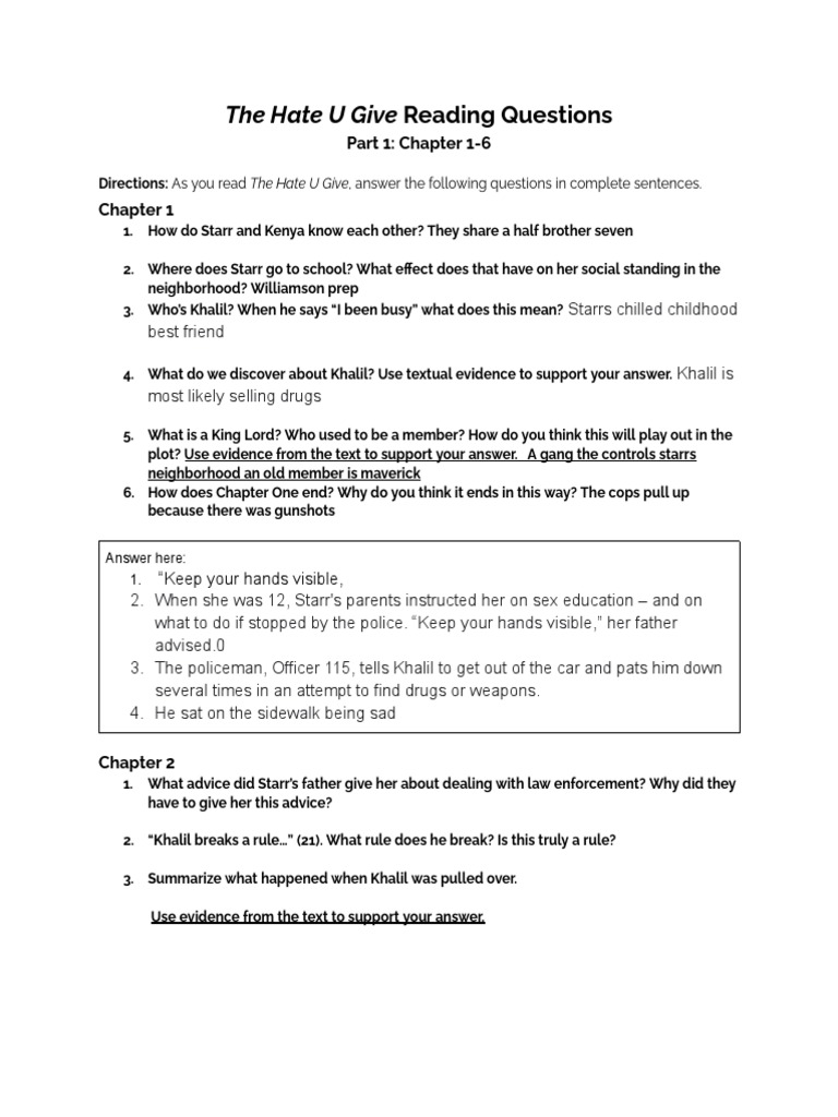 Benjamin Huston - Thug Reading Questions 1-6 | PDF