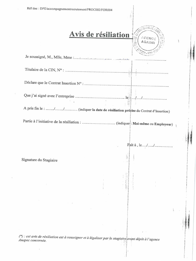 Avis de Resiliation Anapec - STAGIAIRE | PDF