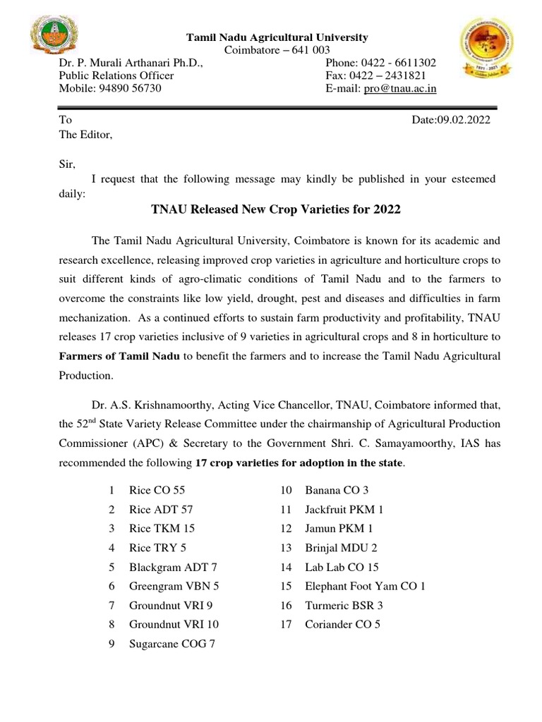 TNAU Releases New Crop Varieties 2022 | PDF | Rice | Agriculture