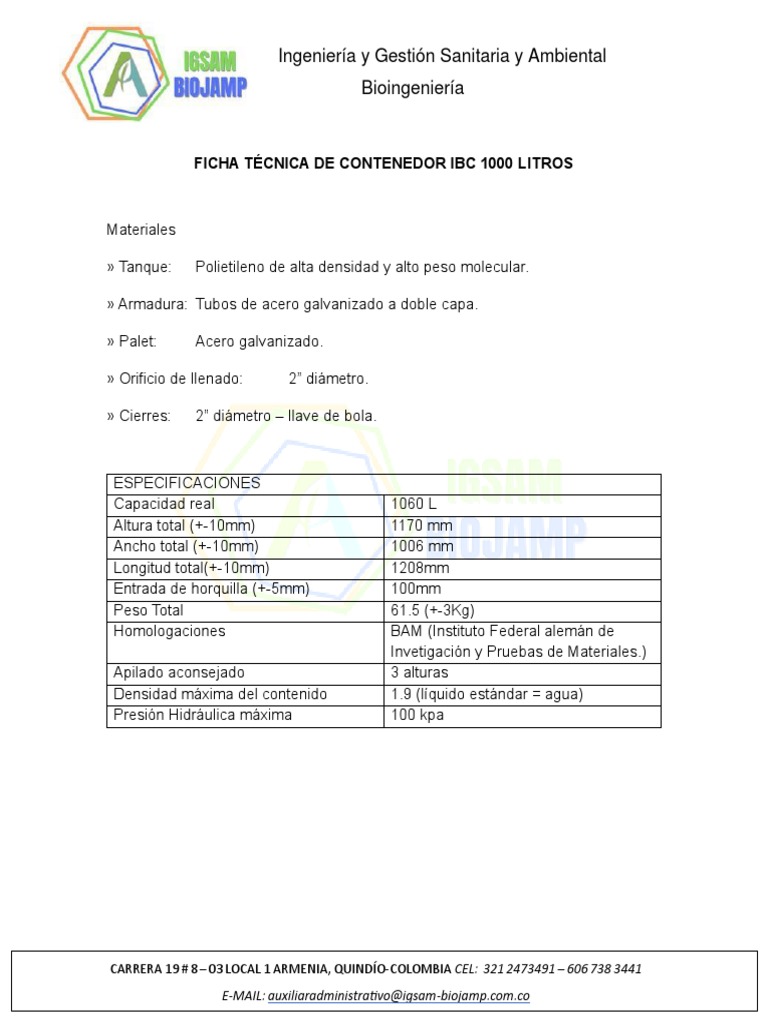 Ficha Técnica Contenedor IBC 1000L | PDF