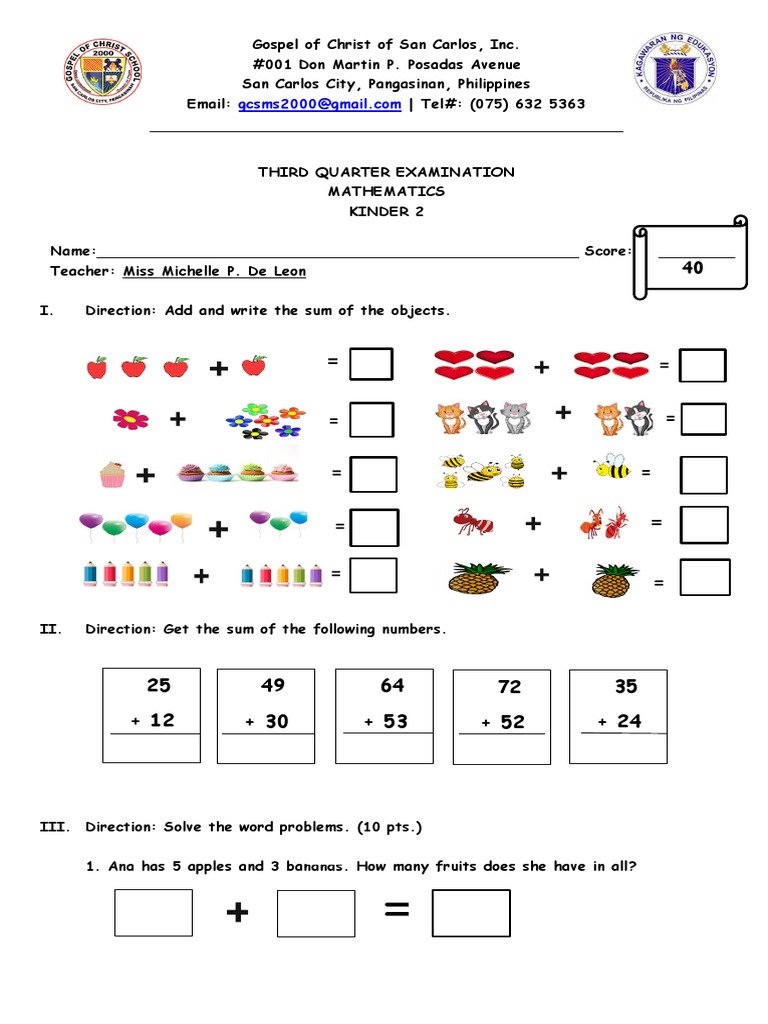 K2 3RD Quarter Exam in Math | PDF