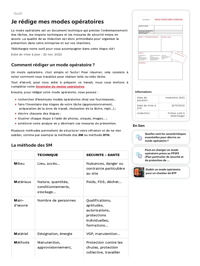 Je Rédige Mes Modes Opératoires - Prévention BTP | PDF