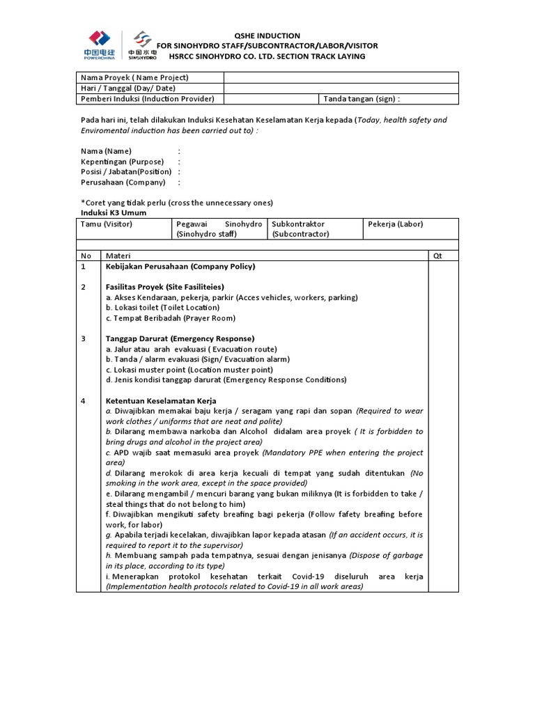 Form Safety Induction Sinohydro Rev01 | PDF