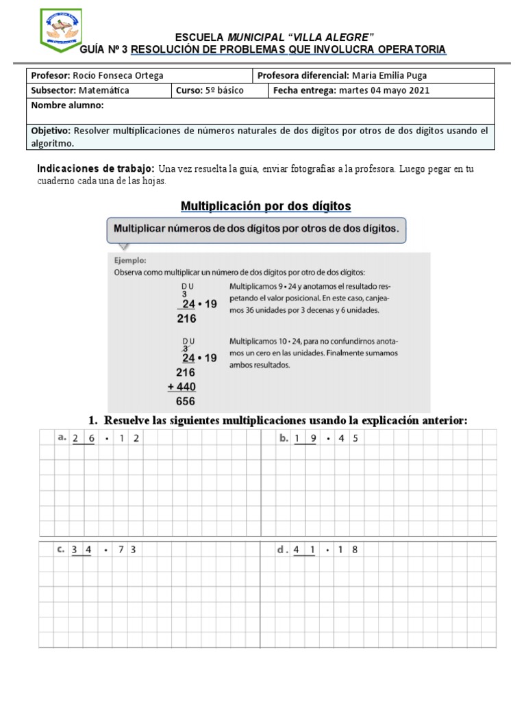 Guía de Multiplicaciones para 5º Básico | PDF