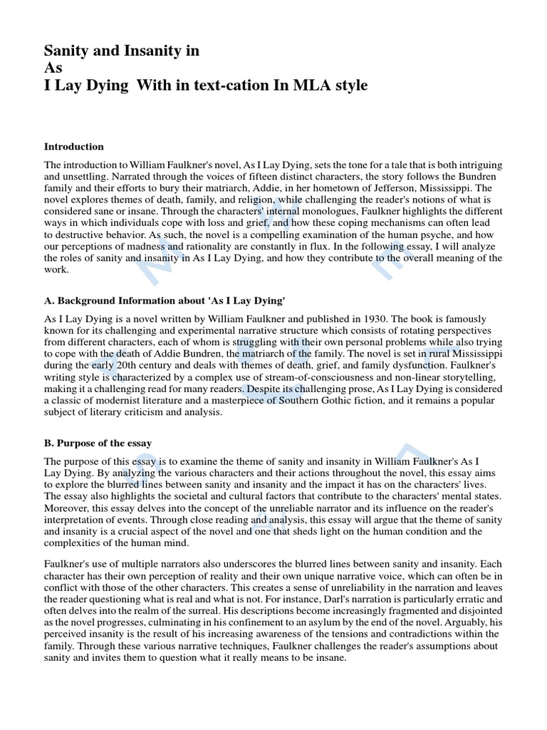 Sanity and Insanity in As I Lay Dying With in Text-Cation in MLA Style ...