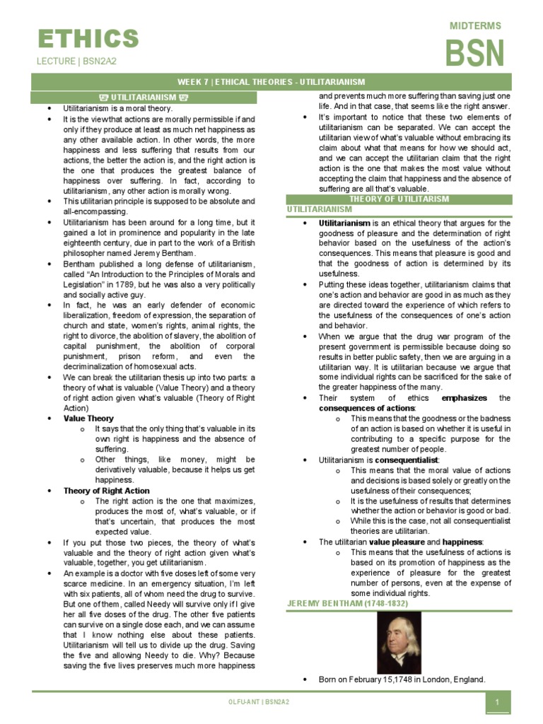 Ethics Reviewer Olfu Ant Created by Bsn2a2 | PDF | Utilitarianism | Pleasure