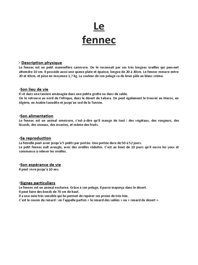 Alimentation et habitat du fennec | PDF