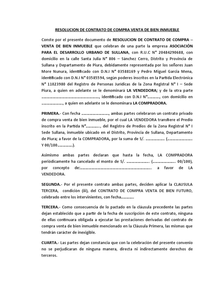 Resolucion de Contrato de Compra Venta de Bien Inmueble | PDF | Derecho civil (sistema legal ...