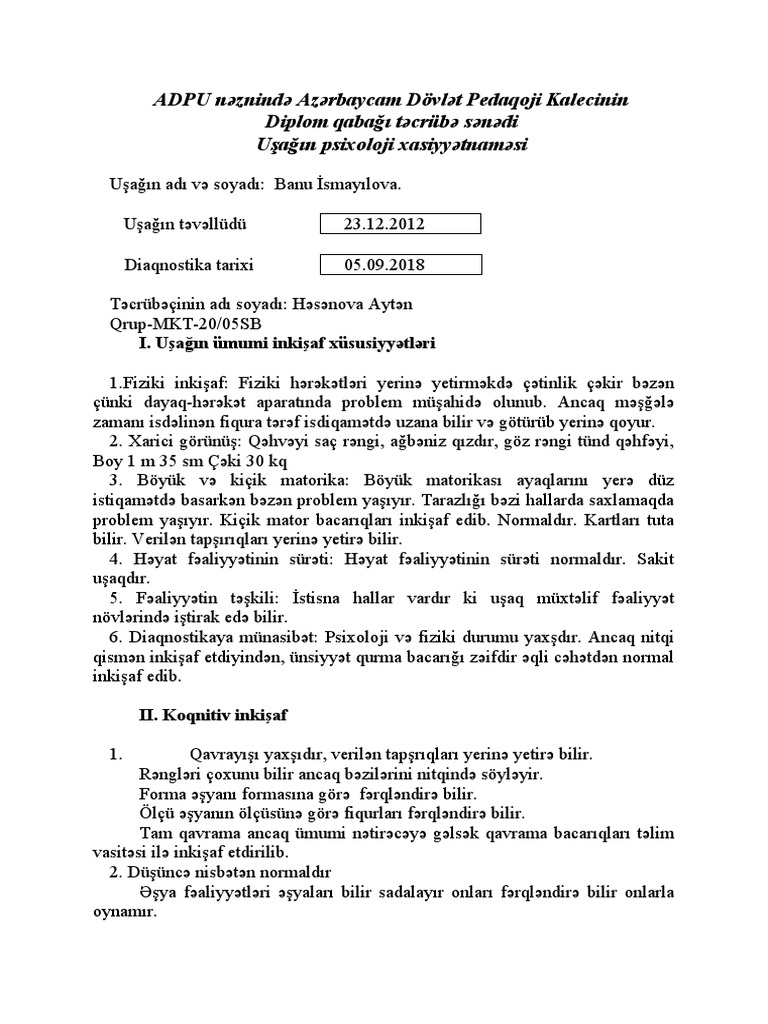 Psixoloji Xarakteristika Həsənova Ayten 2 Ci | PDF